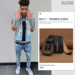 WERFORU Women Men Rhinestone Studded Western Leather Belt Ladies Vintage Bling Cowgirl Cowboy Waist Belt for Jeans Dress