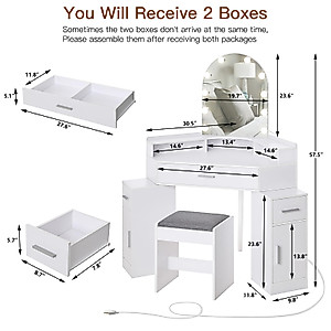 usikey Corner Vanity Desk with Mirror and Lights, Makeup Vanity Table with Charging Station, 3 Drawers & Retractable Side Cabinets, Vanity Desk with Cushioned Stool for Christmas Day, White
