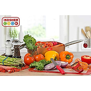 Meat Red Kitchen Knife - 4.5” Steak and Vegetable Knife - Razor Sharp Curved Tip, Serrated Edge - Color Coded Kitchen Tools by The Kosher Cook