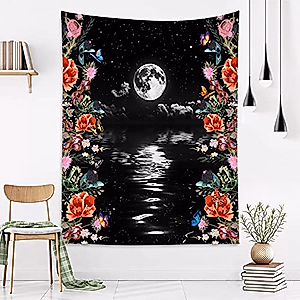 LB Full Moon Over Ocean Tapestry Wall Hanging, Moonlit Garden Tapestry, Night Sky Flower Plant on Black Background Wall Decor for Teen Bedroom Living Room Dorm Home Decor, 40 x 60 Inches
