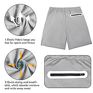 Mens Athletic Shorts, 2-in-1 Gym Workout Shorts for Men Mesh Quick Dry Yoga Training Running Shorts with Pockets,Grey,L