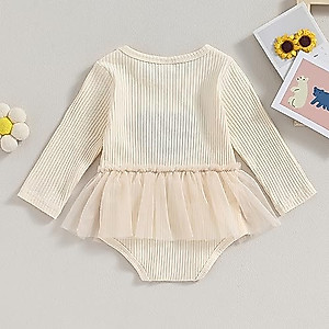 Kuriozud Baby Girls Mesh Romper Dress Bear Pattern Long Sleeve Jumpsuits for Newborn Infant Toddler Cute Clothes (Milky White, 12-18 Months)