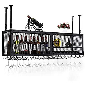 Hanging Wine Rack with Glass Holder and Shelf, Adjustable Metal Ceiling Bar Wine Glass Rack, Holds Any Type of Glassware Wine Glasses and Flutes Sand,80cm