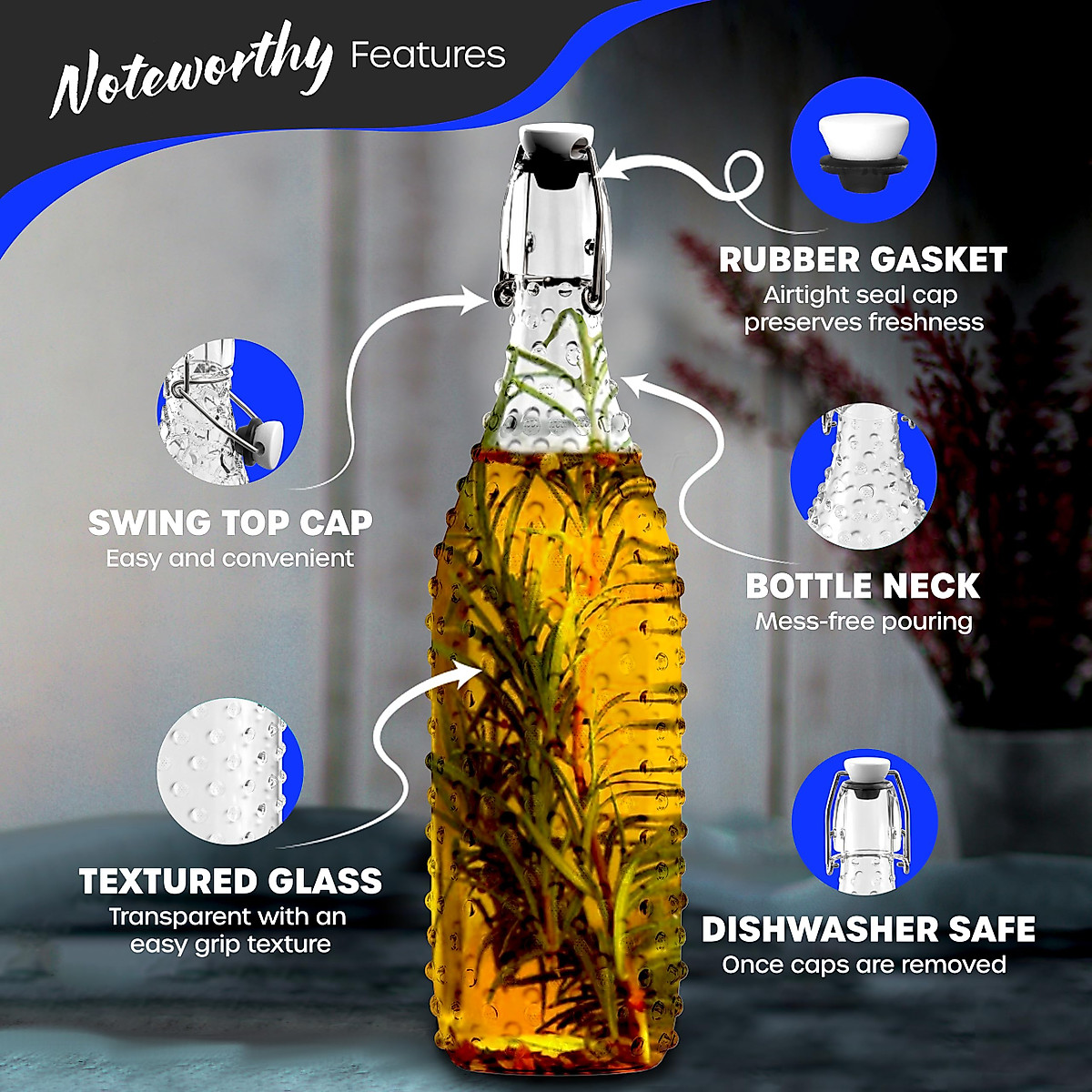 Nevlers 33oz 6 PK Dotted Swing Top Glass Bottles with Lids | Flip Top Glass Bottle for Beer, Mead, Wine Bottles, Kombucha Bottles & Limoncello Bottles with Caps | 1 Liter Glass Containers for Liquids