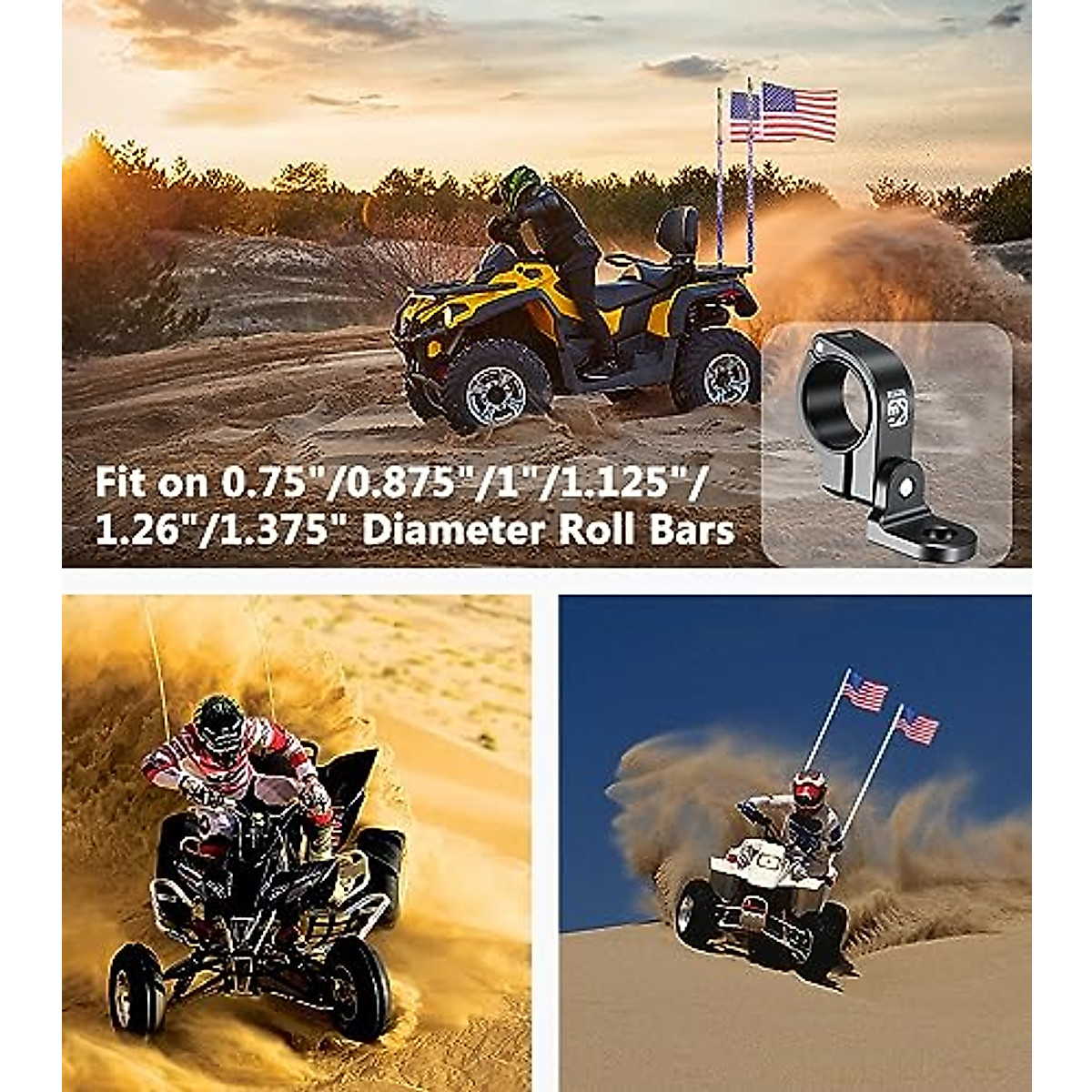 ATV Whip Light Mount, Sturdy Aluminum Alloy Whip Flag Mount, 360° Rotating Adjustable Light Bar Mount for ATV Motorcycle 0.75"/0.875"/1"/1.125"/1.26"/1.375" Tubular Bars and Handlebars (1 pc Black)