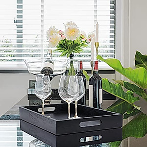 Wood Serving Tray with Handles, Home Decorative Wooden Rectangle Ottoman Decor Platter Vanity Tray for Breakfast Dinner Drinks Kitchen Dining Living Bathroom Restaurants Black