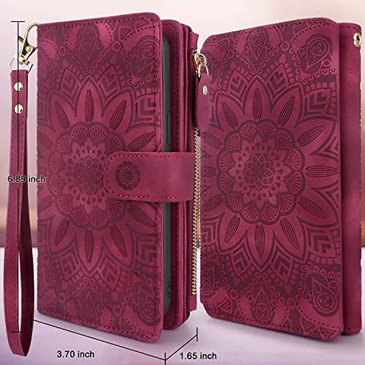 Harryshell Detachable Magnetic Zipper Wallet Leather Case with Cash Coin Pocket 12 Card Slots Holder Wrist Strap Lanyard Compatible with Google Pixel 6A 5G (2022) (Flower Wine Red)