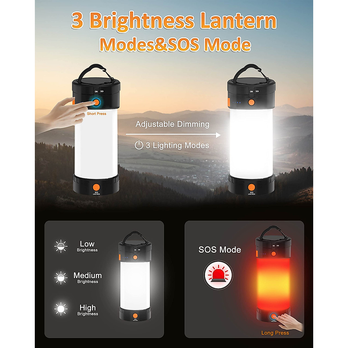 Camping Lantern Rechargeable, 4000mAh Battery Operated Lamp , LED Camping Lantern Light, Flashlight for Power Outages Hurricane Emergency, 3 Modes Tent Light Reading Lamp for Camp Home