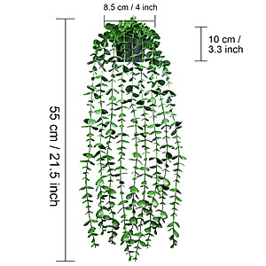 RECUTMS 2 Potted Fake Hanging Plants, Artificial Plants Hanging Tasteless Eucalyptus Leaf Shaped Natural Drooping Hanging Plants Artificial Decor Wall Home Garden (Green)