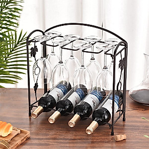 Countertop Wine Rack - Hold 4 Wine Bottles and 8 Glasses Multifunctional dis Assembly Small Wine Rack - 1 Tier Tabletop Wine Holder Stand for Cabinet, Pantry, Wine Bottle Storage