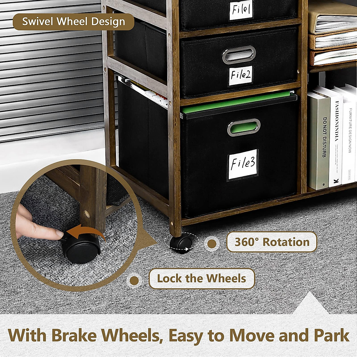 Homde 3 Drawer Bamboo File Cabinet Whit Wheel,Mobile Office Lateral File Cabinets,File Folders for Filing Cabinet,Printer Stand with Open Storage Shelf fits A4 Letter Size for Home Office,Brown