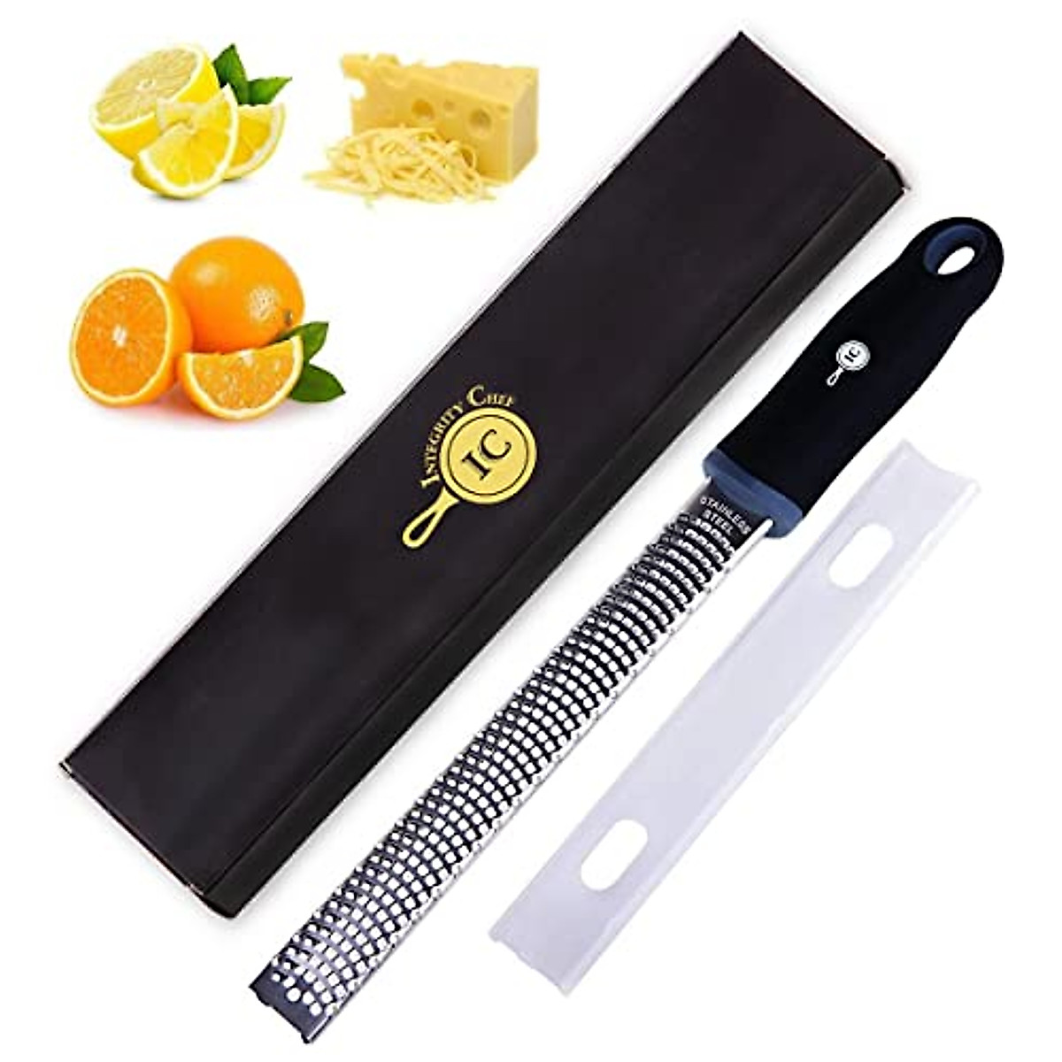 Integrity Chef PRO Citrus Zester and Cheese Grater - Premium Non-Slip Grip Handle, Dishwasher Safe Lemon Zester - Parmesan, Garlic, Nutmeg, Chocolate, Ginger Grater - Stainless Steel Grater (13.2")