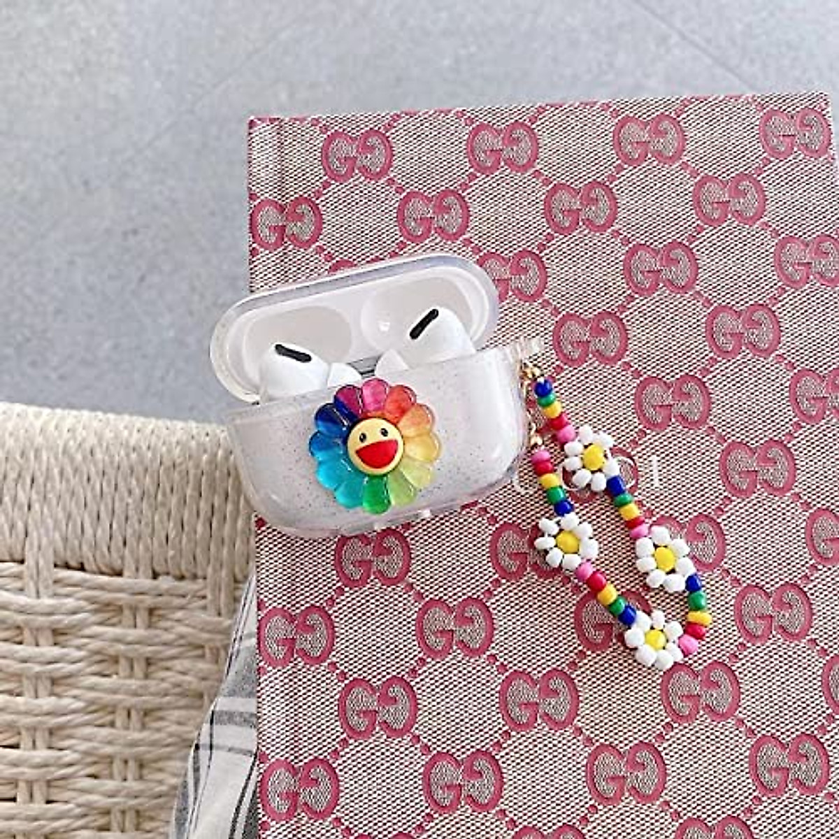 Cute Airpod Pro Case Smile Sun Flower Bracelet Design Soft Silicone Clear Glitter Protective Cover for Airpods Pro Case