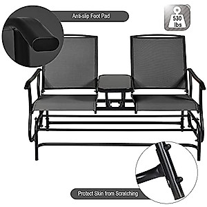 Giantex Patio Bench Glider Chair with Metal Frame, Center Tempered Glass Table, Outside Double Rocking Swing Loveseat for Porch, Garden, Poolside, Balcony, Lawn Rocker Outdoor Glider Bench(Black)