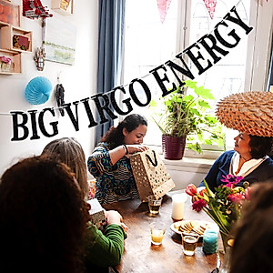Big Virgo Energy Banner, Virgo Aug/Sept. Birthday Party Decor - 12 Constellation Theme Birthday Party Decorations Supplies, Black Glitter