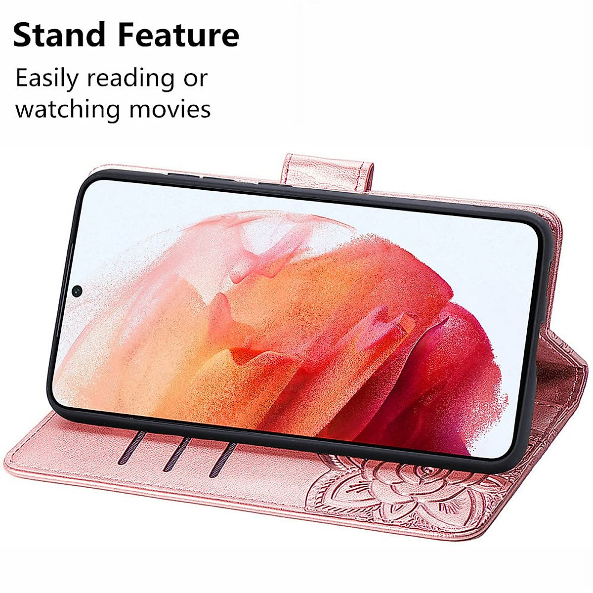 ROPIGO for Samsung Galaxy S21 FE 5G Wallet Case, Embossed Butterfly Premium PU Leather [Kickstand] [Card Slots] [Wrist Strap] [6.4 inch] Phone Cover for Samsung S21 FE (A1-Rose)