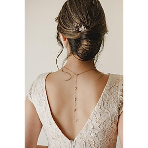 SWEETV Rose Gold Cubic Zirconia Wedding Bridal Backdrop Necklace for Brides, Crystal Dainty Back Necklace, Body Chain Jewelry for Women Prom