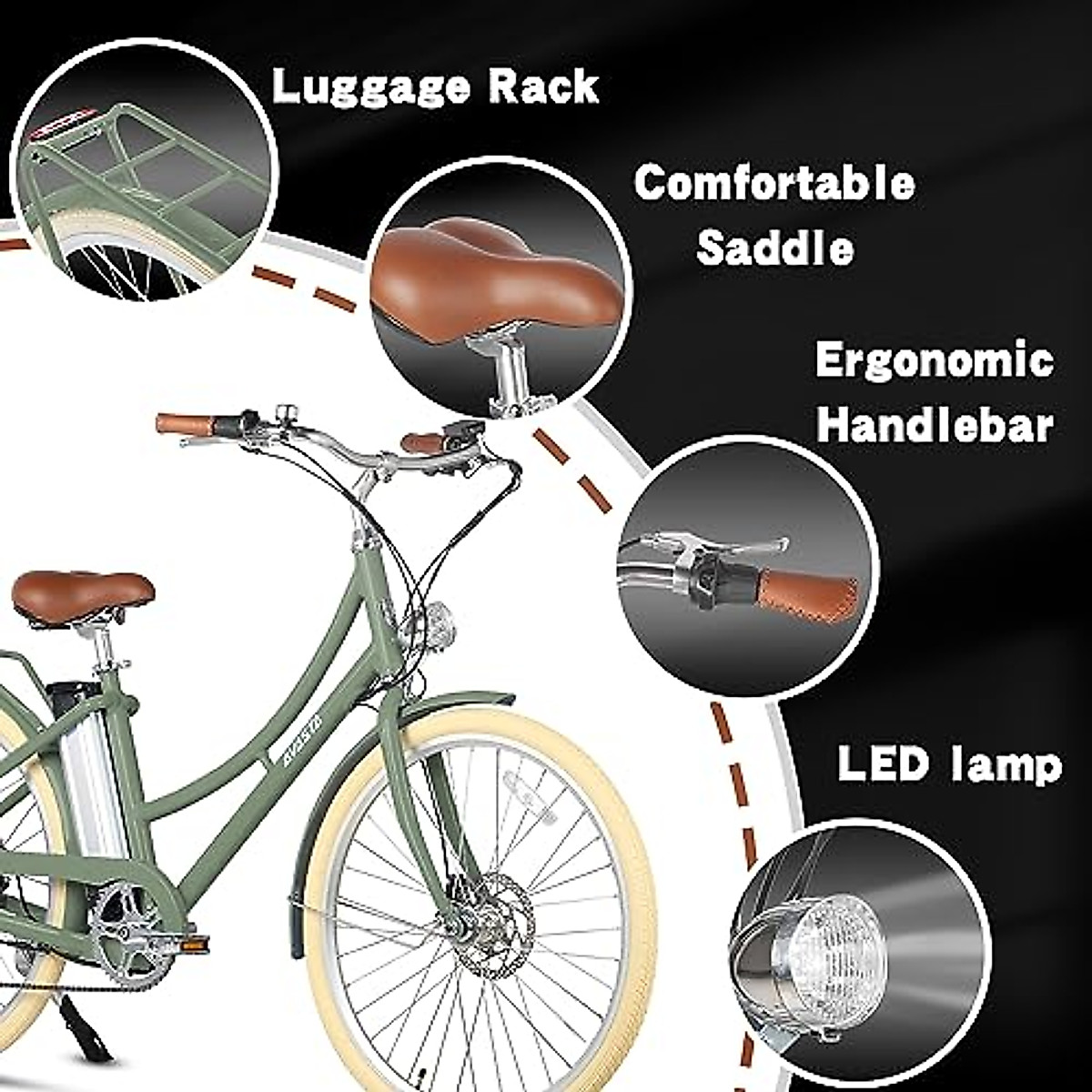 AVASTA 26'' Electric Bike E Bike with 36V 10.4AH Removable Battery Road City Cruiser 350W Motor Ebike 6-Speed Step-Through Hybrid Bicycle Commuting for Adult, Up to 70 Miles, Green