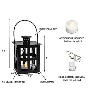 HPC Decor 6PCS Mini Lanterns Decorative for Wedding Centerpieces- Bulk Metal Candle Lanterns w/ LED Tealight & String- Modern Farmhouse Decor for Home, Party, Table, Fireplace, Shelf Decor(Black)