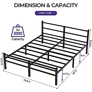 GreenForest King Size Bed Frame with Headboard Easy Assemble, 14 inch Heavy Duty Metal Platform Bed Base with Storage No Box Spring Needed Mattress Foundation, Noise Free, Black
