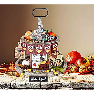 11Pcs Thanksgiving Turkey Tray Decor Fall Decorations Gobble Till You Wobble Thankful Wooden Signs and Thanksgiving Bead Garland Farmhouse Rustic Tiered Tray Decor for Home Table