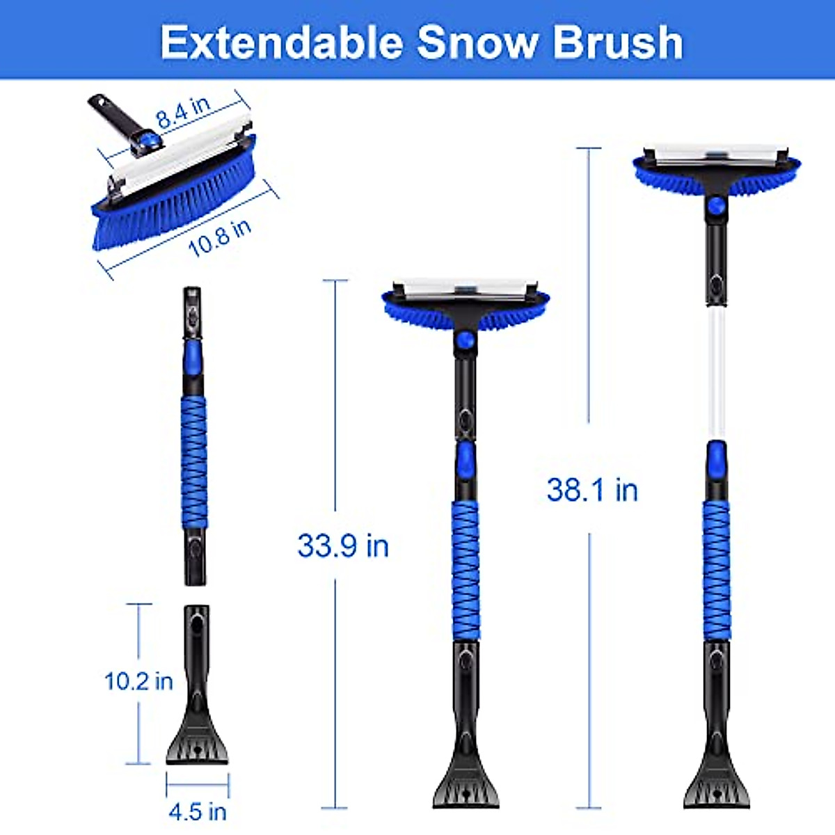 TESSONO Ice Scraper for Car Windshield, Extendable Snow Brush with 270° Pivoting Brush Head,3-in-1 Car Snow Scraper and Brush with Ergonomic Foam Grip for Car Windshield, Trucks, SUVs (Blue)