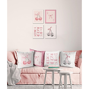 OGILRE Pink Coquette Preppy Bedding Throw Pillow Covers, Preppy Trendy Aesthetic Cute Room Decor Pillows Cases, Pink Bow Cherry Disco Ball Pillowcases for Teen Sofa Dorm Girls Bedroom, 18x18 Set of 2