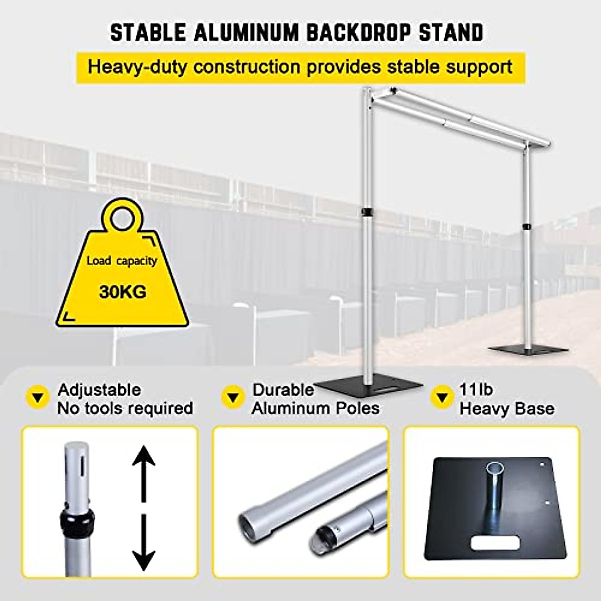Hecis Pipe and Drape, Portable Pipe and Drape Backdrop Stand with Crossbar, Adjustable Pipe and Drape Backdrop Kit for Event， Party, Trade Shows and Wedding Decor, 10FTX10FT Double Crossbar