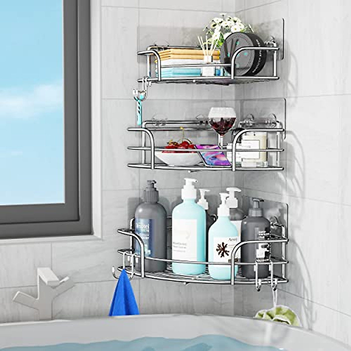 3 Pack Corner Shower Caddy: Stainless Steel No-drilling Bathroom Organizer for All 90° Corners- Installed in Minutes, Heavy Duty Shower Shelves for Storage- 6 Metal Hooks with Caps, 2 Extra Adhesives