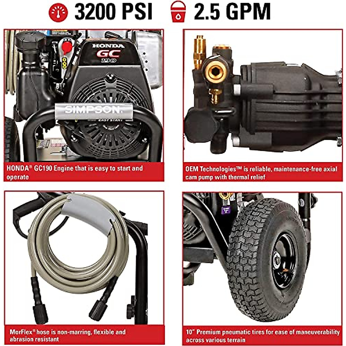 SIMPSON Cleaning MSH3125 MegaShot 3200 PSI Gas Pressure Washer, 2.5 GPM, Honda GC190 Engine, Includes Spray Gun and Extension Wand, 5 QC Nozzle Tips, 1/4-in. x 25-ft. MorFlex Hose, (49-State), Black