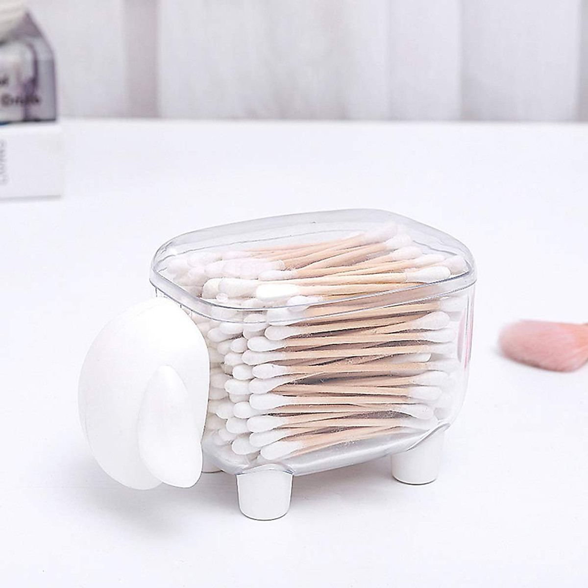 Sheep Cotton Swab Holder, Plastic Qtip Holder Organizer Container with Cover Cute Cotton Ball Holder Bathroom Waterproof Floss Jars (White)