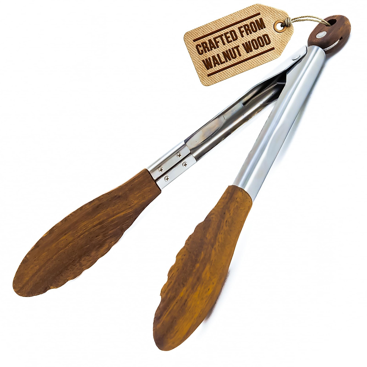 Boxiki Kitchen Tongs for Cooking with Wooden Tips - Nonstick Cooking Tongs & Salad Tongs for Serving Food, Grilling, Cooking, BBQ and Tossing Salad - Made of Natural Walnut Wood, Size 12-inch