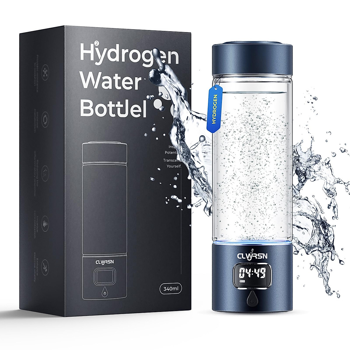 CLWRSN Hydrogen Water Bottle Generator with PEM & SPE Technology, High Borosilicate Glass, High Air Tightness with Countdown Timer and Battery Level Display,Suitable for Office, Home, Gym and Outdoor