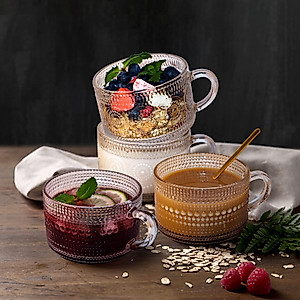 Anbanglin 4Set Vintage Coffee Mugs, Glass Cups with Spoons, 14OZ Elegant Embossed Tea Cups, Glass Coffee Cups for Ice Coffee, Cereal, Yogurt, Ideal Gift