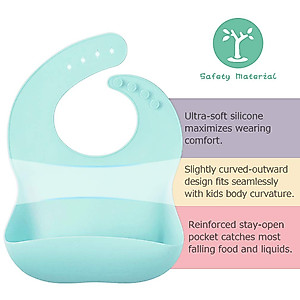 Maveek 2 Pack Silicone Baby Bib, Waterproof Babies Feeding Bib Adjustable Rubber Baby Bibs with Food Catcher Pocket for Toddlers, Easily Wipe Clean, Green & Pink