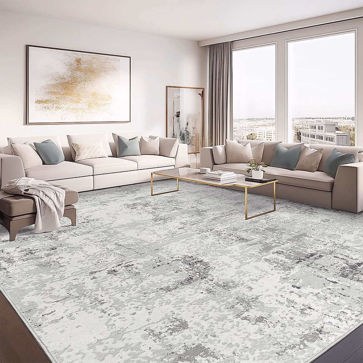 Art&Tuft Washable Rug, Anti-Slip Backing Abstract 8x10 Area Rugs, Stain Resistant Rugs for Living Room, Foldable Machine Washable Area Rug 8x10, Grey