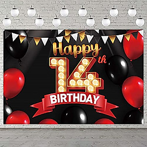 Happy 14th Birthday Black Banner Decorations Gold Backdrop Red and Black Balloons Theme Decor for Girls Women Princess 14 Years Old Birthday Party Supplies Photo Booth Props Background Favors Glitter