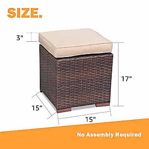 Patiorama 2 Pieces Assembled Outdoor Patio Ottoman, Indoor Outdoor All-Weather Dark Brown Wicker Rattan Outdoor Footstool Footrest Seat with Beige Cushions, No Assembly Required