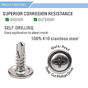 Jetovo 100 Pack 410 Stainless Steel Wafer Head Phillips Self Drilling Screws Sheet Metal Tek Screws, Modified Truss Head Self Driller - Size: #8 x 1/2"