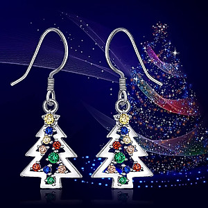 Christmas Tree Dangle Earrings Drop Star S925 Sterling Sliver for Women Colorful CZ Hypoallergenic Piercing Cute Fish Hook Festive Winter Holiday Jewelry Xmas Gift