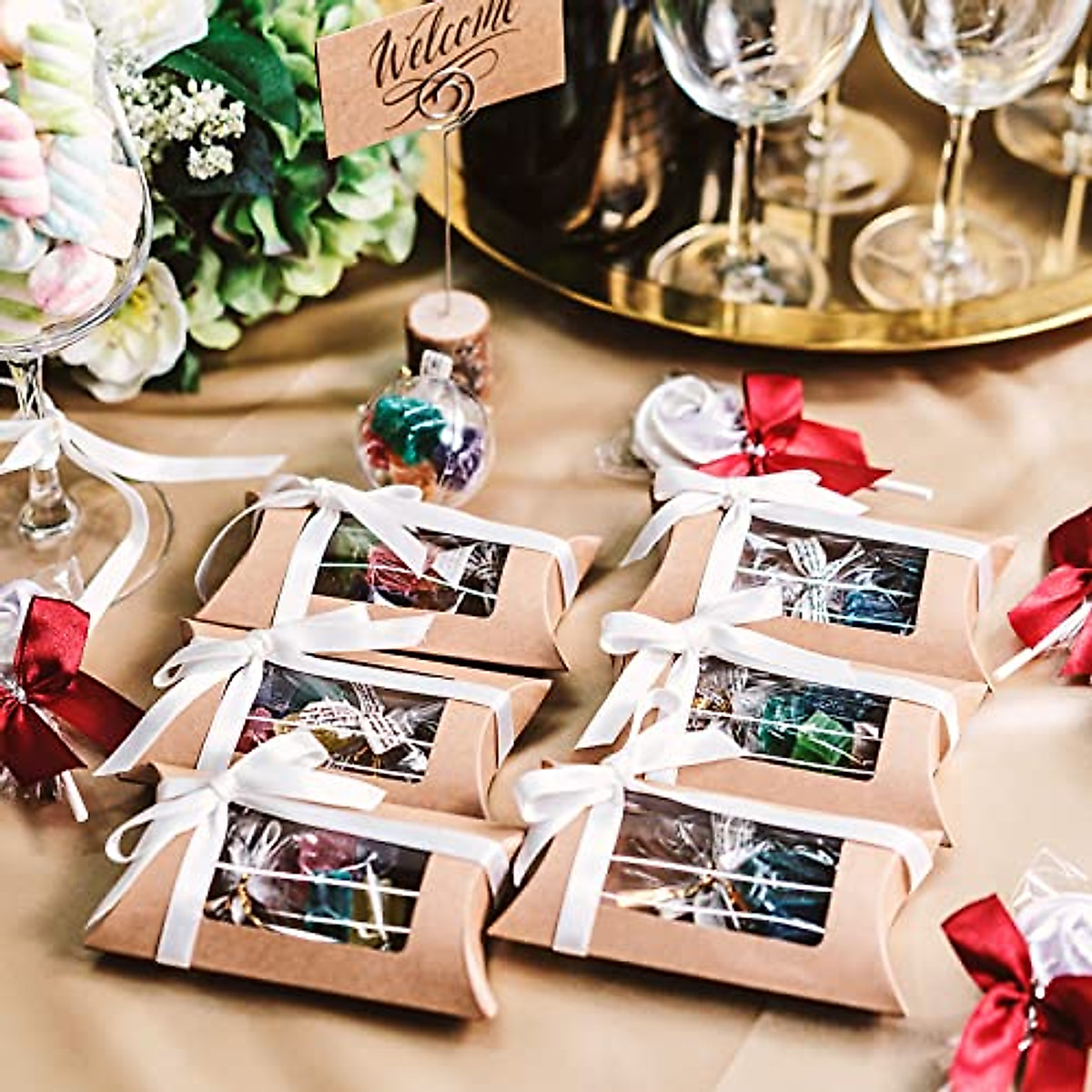 MATICAN Pillow Boxes, 40-Pack Pillow Gift Boxes with Windows, Kraft Mini Favor Boxes, 5 x 3 x 1.2 inches