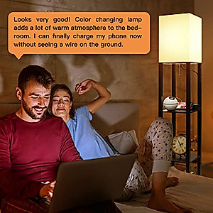 SOLIT Corner Floor Lamp with Shelves w/ RGB Dimmable LED Smart Light Bulbs, Narrow Nightstand Charging Station, Bedroom Lamps for Living Room Lamps, Column Standing Light Tall Lamp for Bedroom [Black]