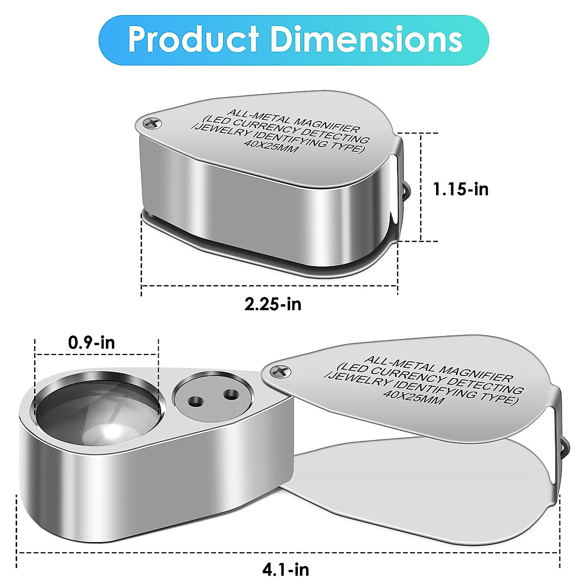 Leffis 40X Jewelers Loupe Magnifier Magnifying Glasses, LED/UV Illuminated Jewelry Loop Pocket Folding Magnifying Glass with Metal Construction for Close Work, Gardening, Kids, Stamp, Rock Collecting