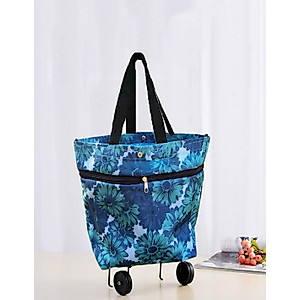 Cowinbest Collapsible Trolley Bags Folding Shopping Bag with Wheels Foldable Shopping Cart Reusable Shopping Bags Grocery Bags Shopping Trolley Bag on Wheels(Blue) Large