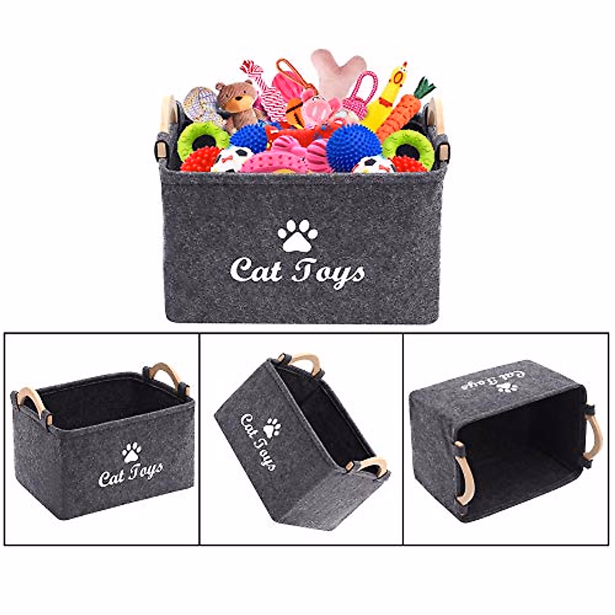 Geyecete CAT Toys Storage Bins - with Wooden Handle,Collapsible Pet Supplies Storage Basket Pet supplies storage Basket/Bin Kids Toy Chest Storage Trunk-CAT (Grey)