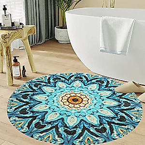 GEVES Trippy Mandala Round Area Rug Turquoise Floral Rugs for Bedroom Kids' Room Living Room Bathroom 3ft Carpet Accent Throw Rugs Indoor Use Non-Slip Easy to Clean