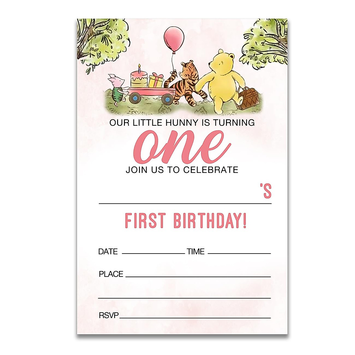 Dolimifa Pink Winnie the Pooh 1st Birthday Invitations Fill in Style Classic Winnie the Pooh First Birthday Invites, 20 Count With Envelopes