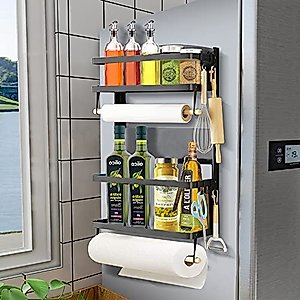 Couah Foldable Refrigerator Organizer Magnetic Fridge Spice Rack Paper Towel Holder Multi-Purpose Kitchen Storage Shelf Rustproof Spice Jars Holder, Black