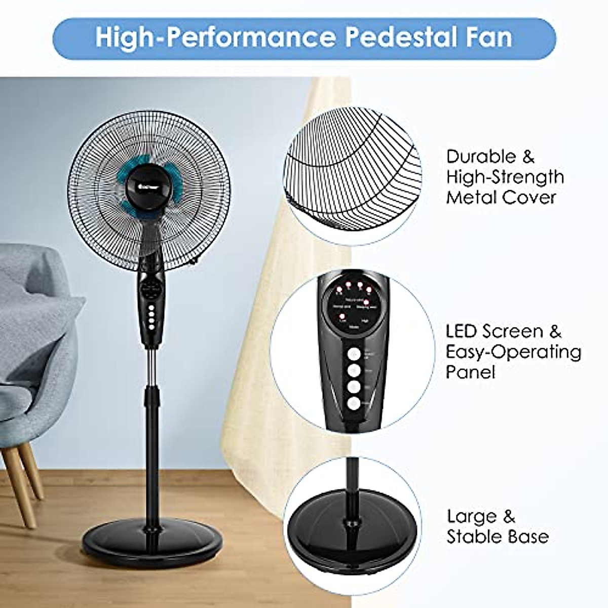 COSTWAY Pedestal Fan, 18-Inch Adjustable Height Fan, 3-Speed Digital Control, Timer, LCD Display, Double Blades, Remote Control, Quiet Oscillating Stand Fan for Home, Office, Bedroom
