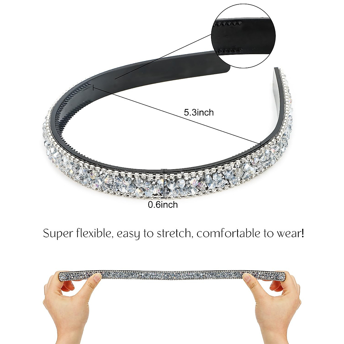Wecoe Rhinestone Headband Women Silver Grey Comb Headband with Teeth Bling Sparkly Beaded Headband Non Slip Fashion Hair Band Birthday Holiday Homecoming Hair Accessories For Women Girls Gifts
